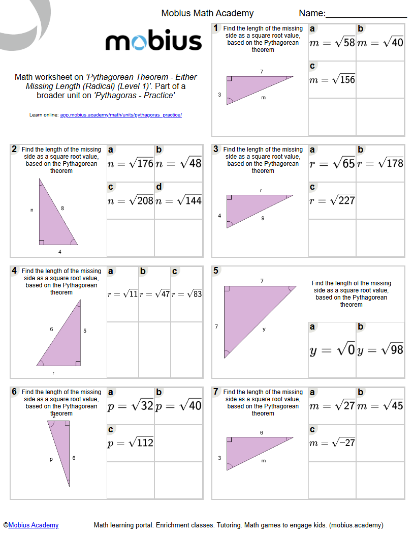 Pythagorean Theorem - Either Missing Length (Radical) (Level 1 ...