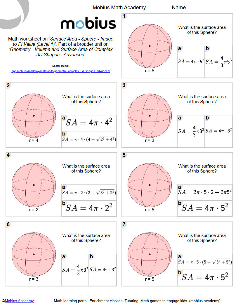 Surface Area - Sphere - Image to Pi Value (Level 1) - Mobius Math Academy