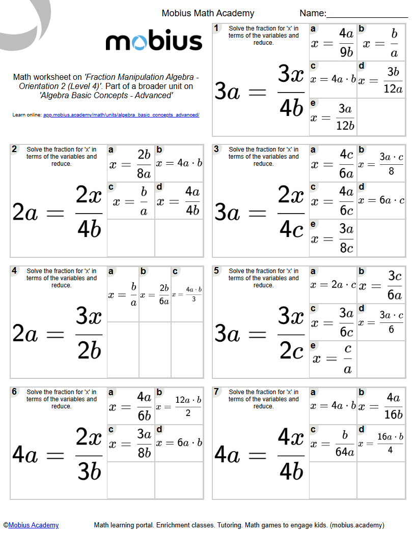 Fraction Manipulation Algebra - Orientation 2 (Level 4) - Mobius Math ...