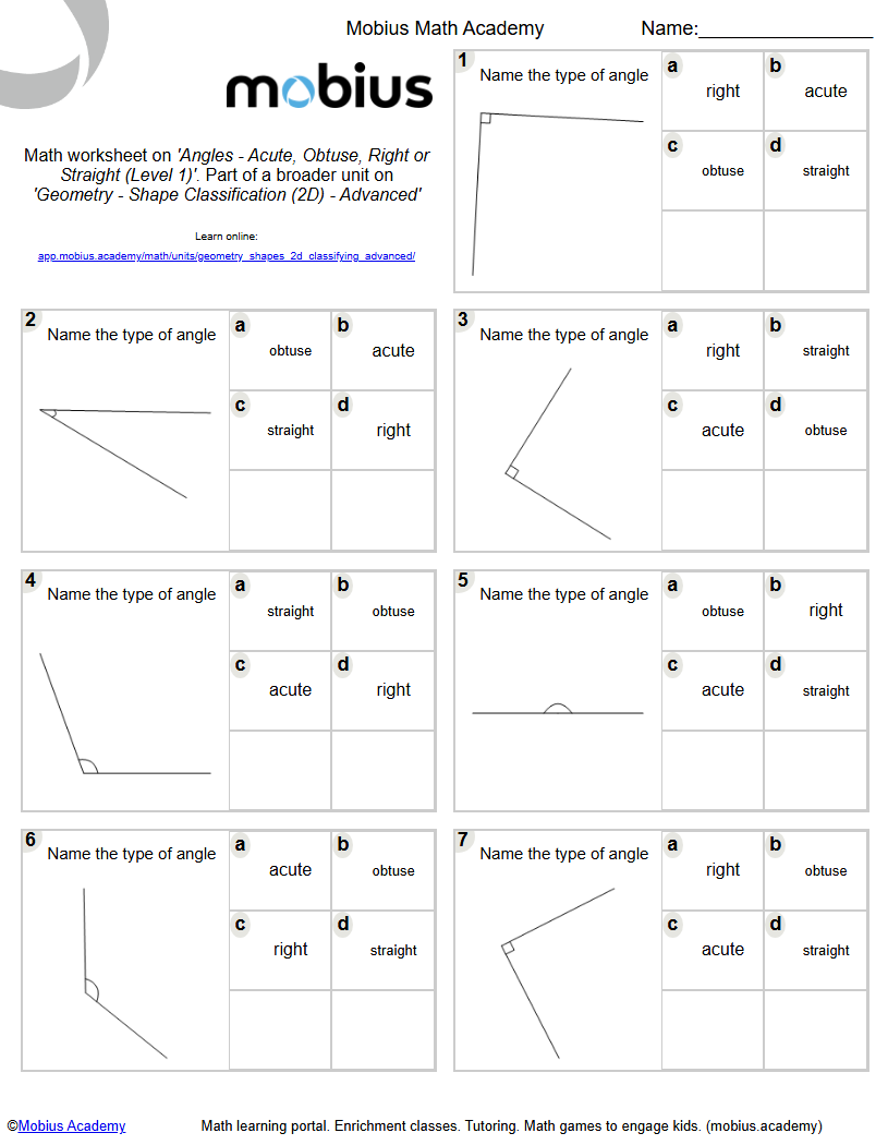 Angles - Acute, Obtuse, Right or Straight (Level 1) - Mobius Math Academy