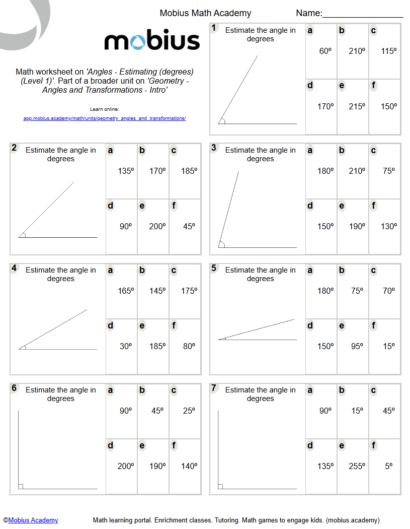 Angles - Estimating (degrees) (Level 1) - Mobius Math Academy