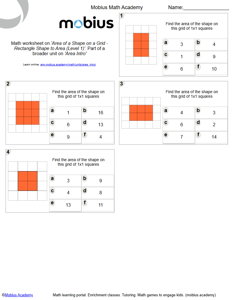 Area of a Shape on a Grid - Rectangle Shape to Area (Level 1) - Mobius Math
