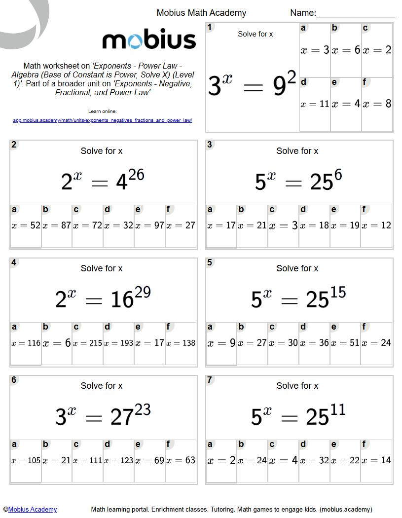Exponents - Power Law - Algebra (Base of Constant is Power, Solve X ...