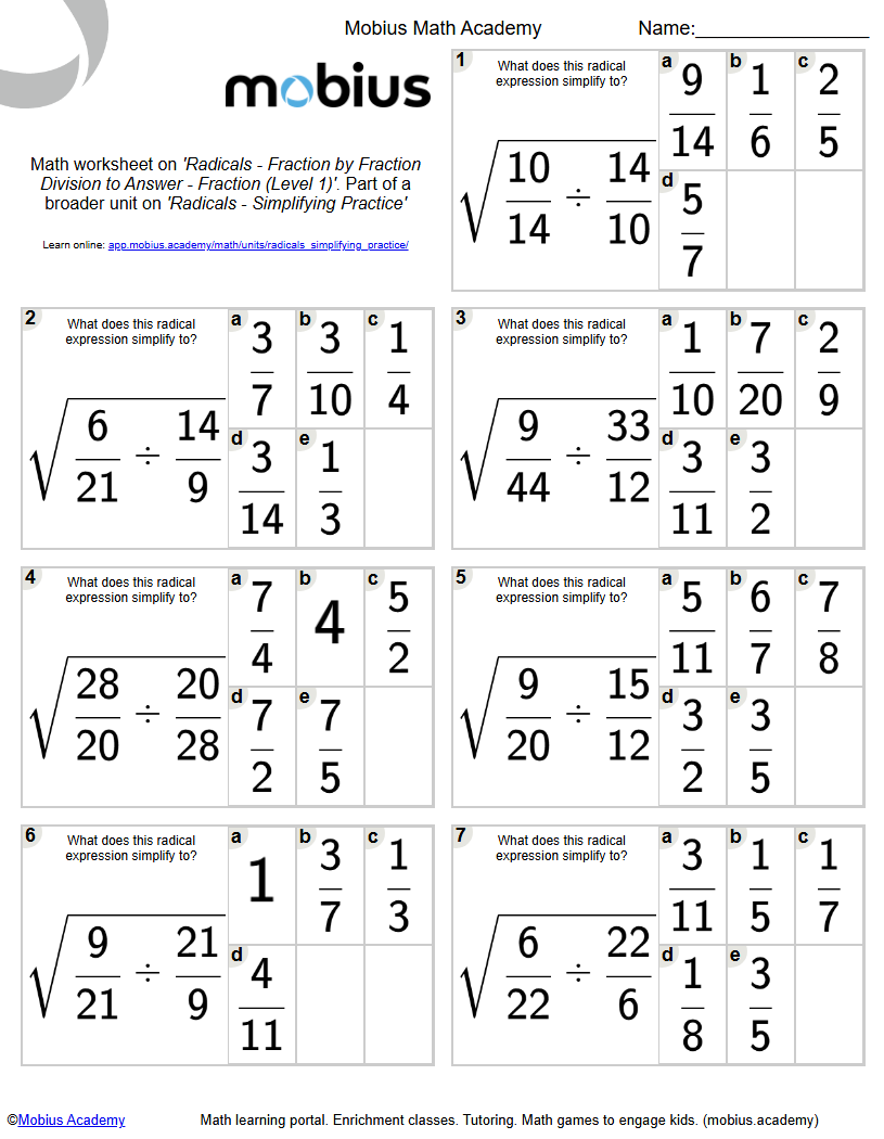 Radicals - Fraction by Fraction Division to Answer - Fraction (Level 1 ...