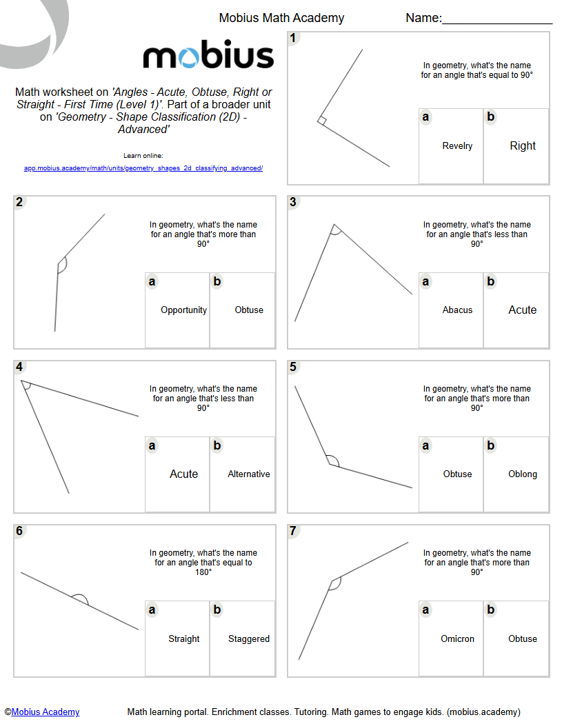 Angles - Acute, Obtuse, Right or Straight - First Time (Level 1 ...