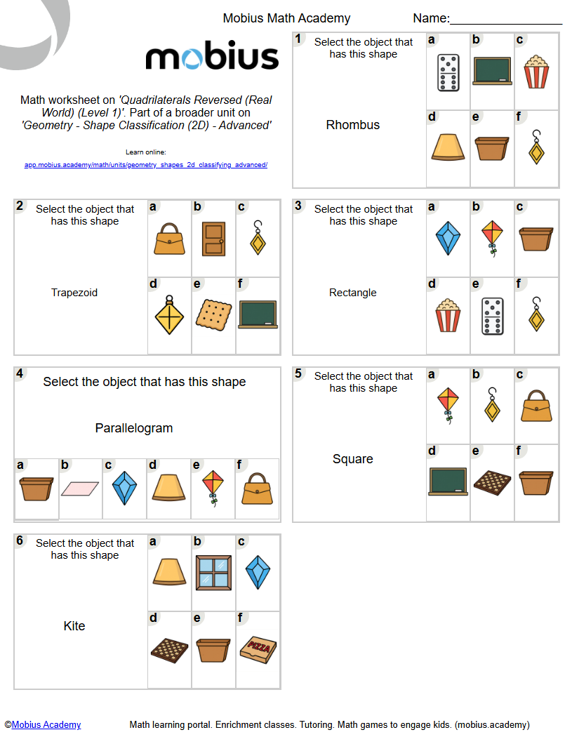 Quadrilaterals Reversed (Real World) (Level 1) - Mobius Math Academy