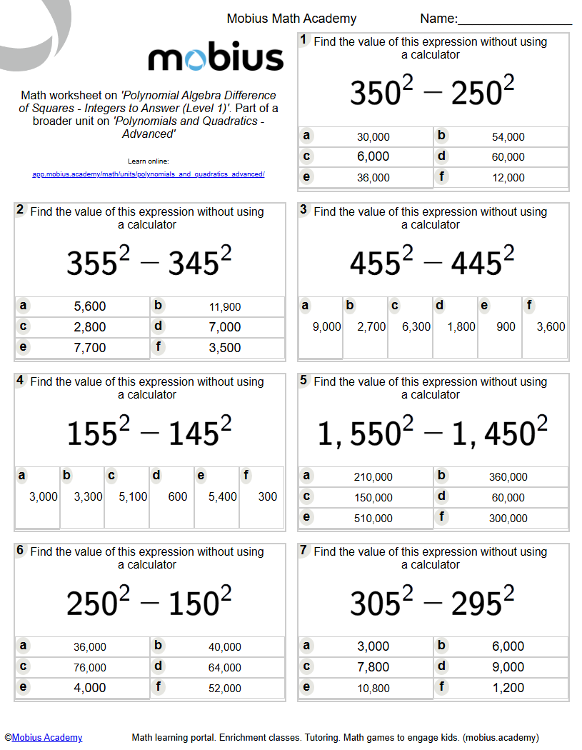 Polynomial Algebra Difference of Squares - Integers to Answer (Level 1 ...
