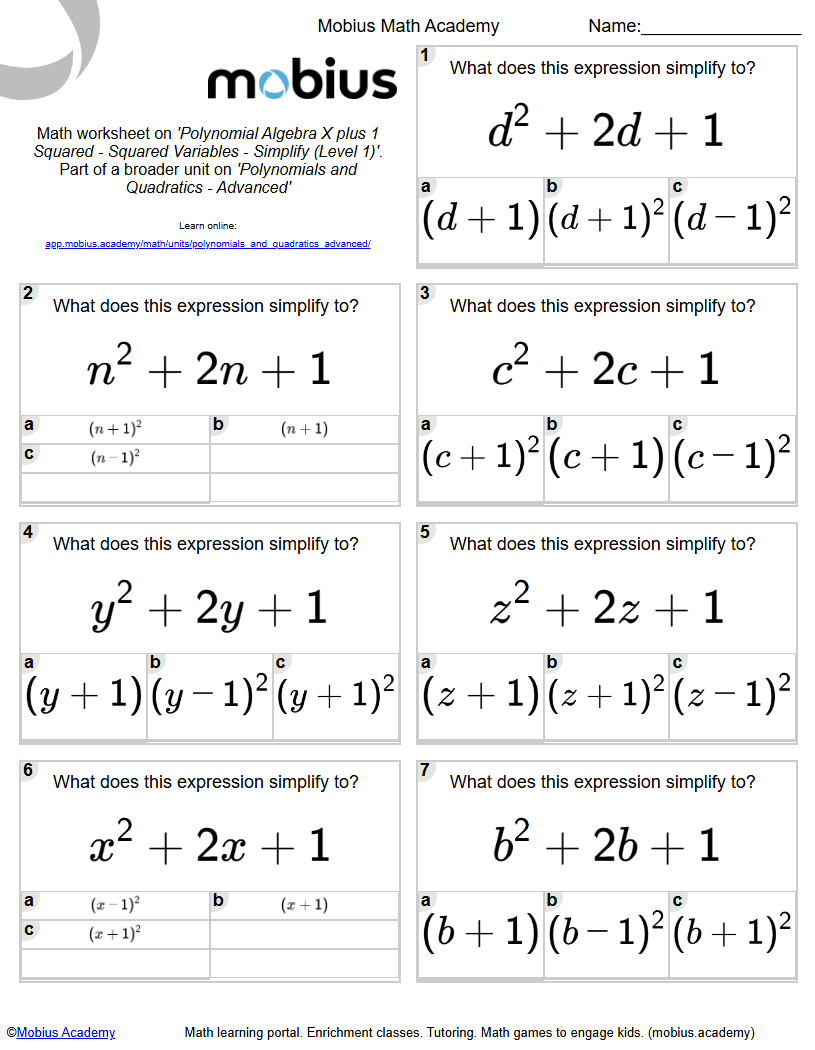 Polynomial Algebra X plus 1 Squared - Squared Variables - Simplify ...
