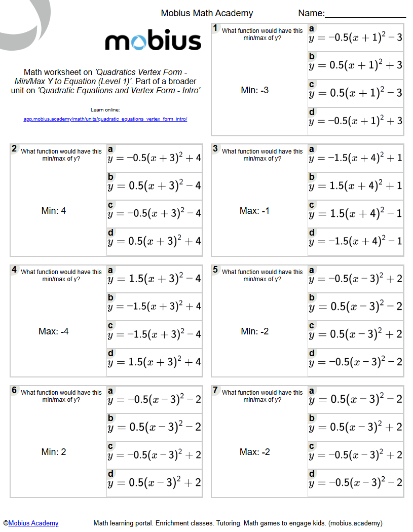Quadratics Vertex Form - Min/Max Y to Equation (Level 1) - Mobius Math ...