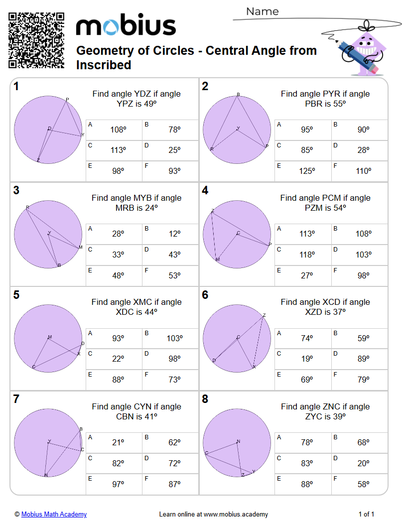 Geometry of Circles - Central Angle from Inscribed (Level 1) - Mobius Math Academy
