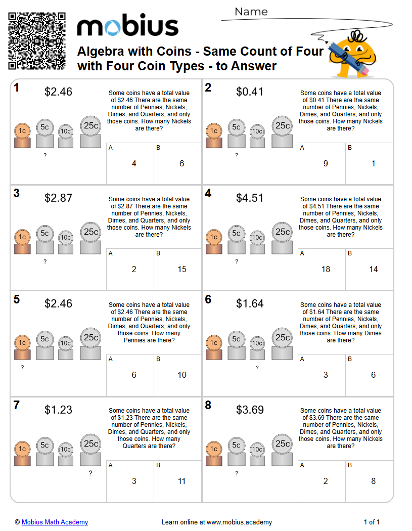Algebra with Coins - Same Count of Four with Four Coin Types - to ...