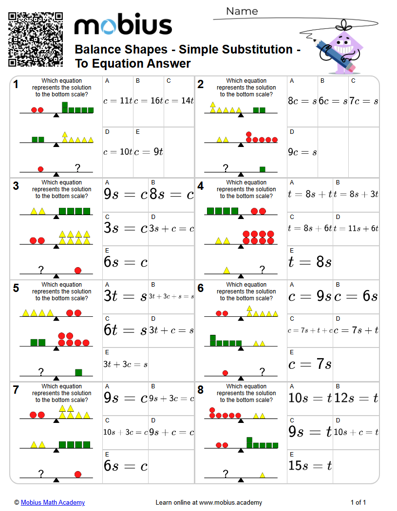 Balance Shapes - Simple Substitution - To Equation Answer (Level 1 ...
