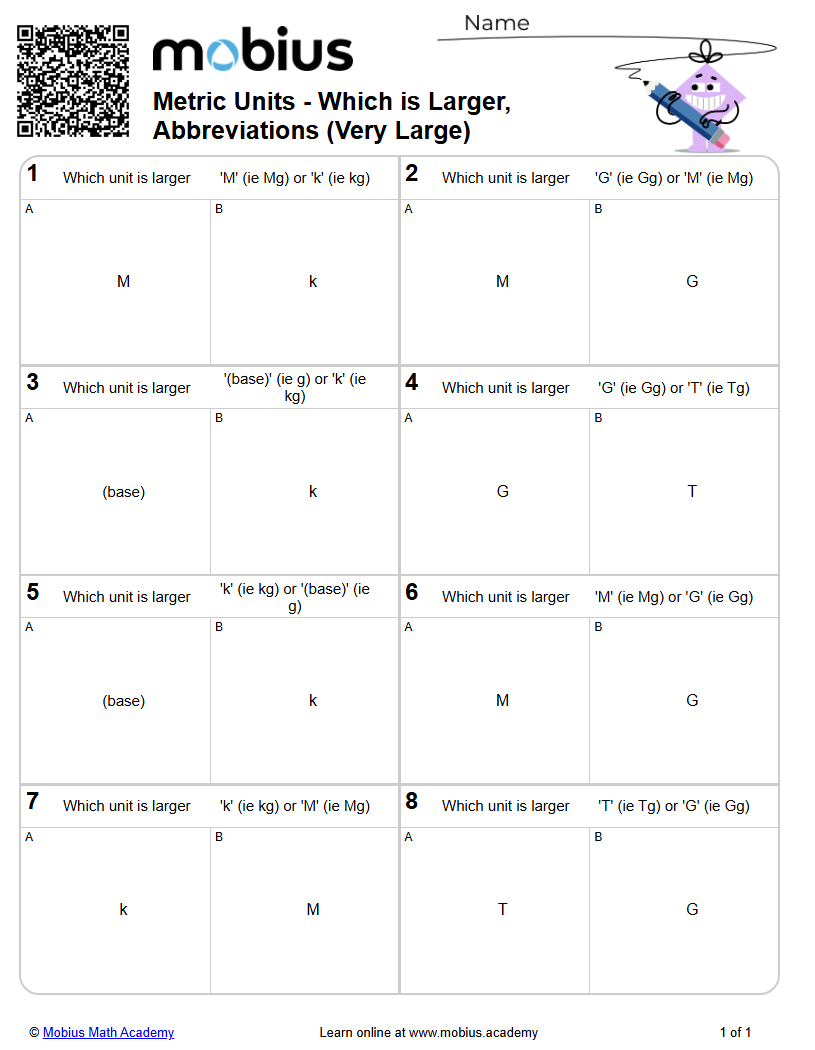 Metric Units - Which is Larger, Abbreviations (Very Large) (Level 1 ...