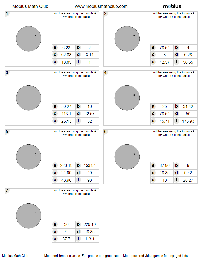 Free Worksheet: Area Of A Circle From Radius (With Hint And Calculator ...
