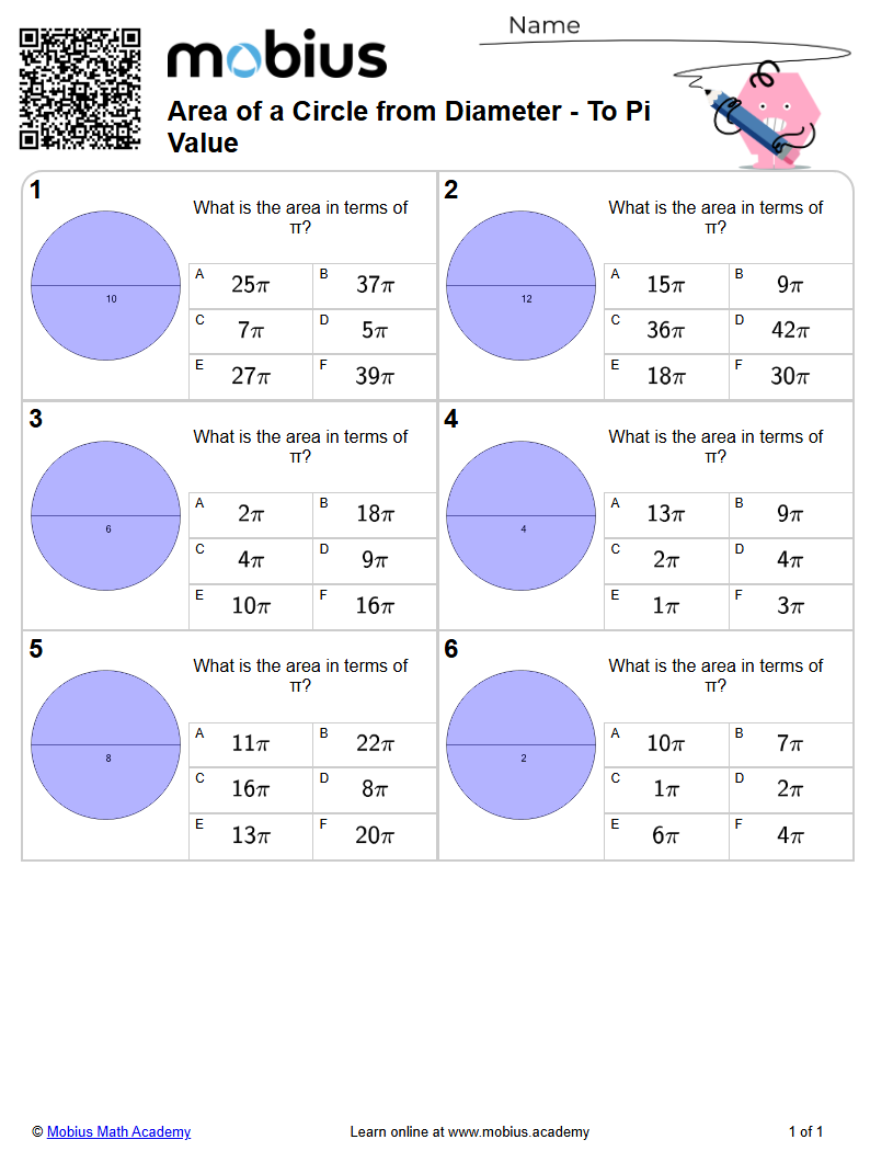 Free Worksheet: Area Of A Circle From Diameter - To Pi Value (level 1 ...
