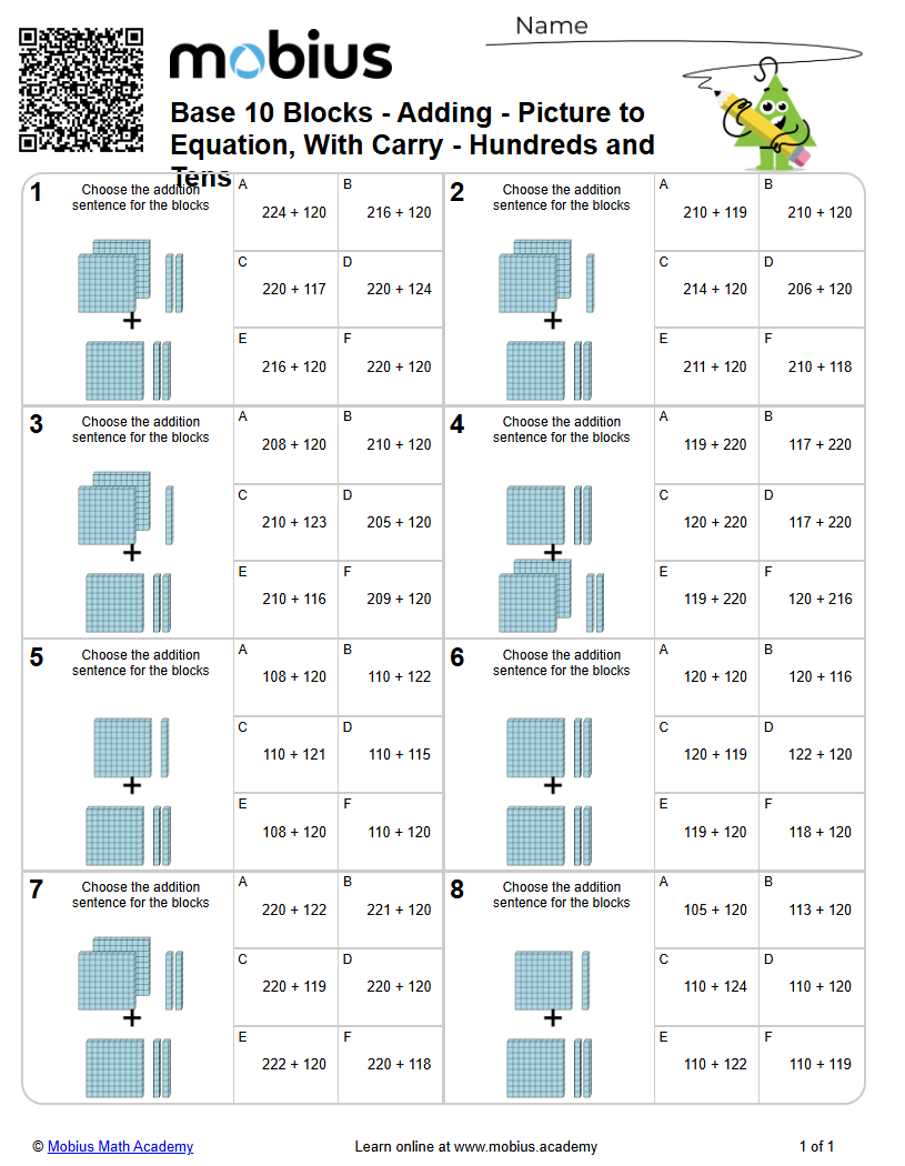Free Worksheet: Base 10 Blocks - Adding - Picture To Equation, With ...