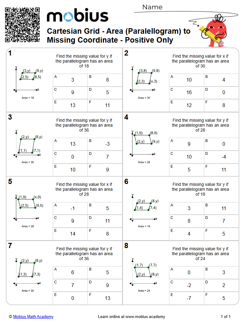 Free Worksheet Cartesian Grid Area Paralellogram To Missing Coordinate Positive Only
