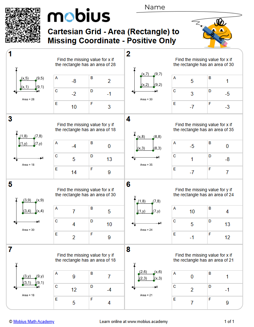 Free Worksheet Cartesian Grid Area Rectangle To Missing Coordinate Positive Only Level 1