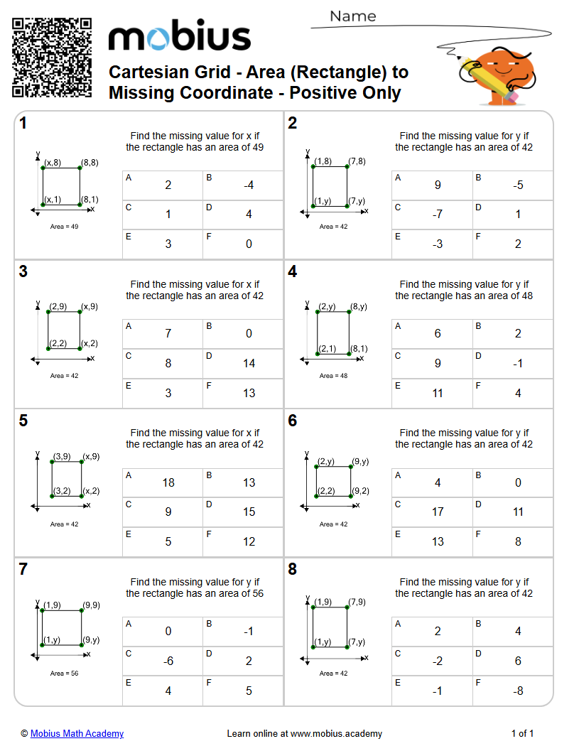 Free Worksheet: Cartesian Grid - Area (Rectangle) To Missing Coordinate ...
