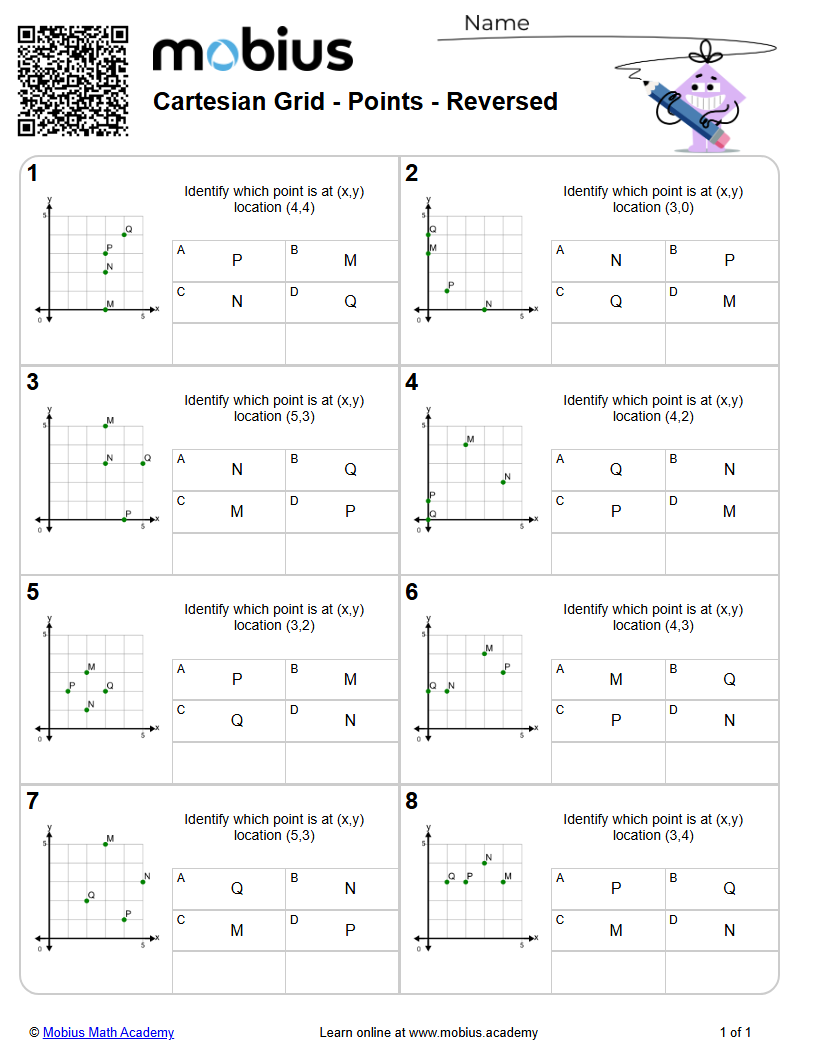Free Worksheet Identify Points On The Cartesian Grid Reversed Level 1 Mobius Math Club