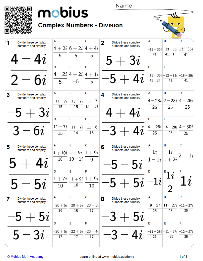 Free Worksheet: Complex Numbers - Division (level 1) - Mobius Math Club