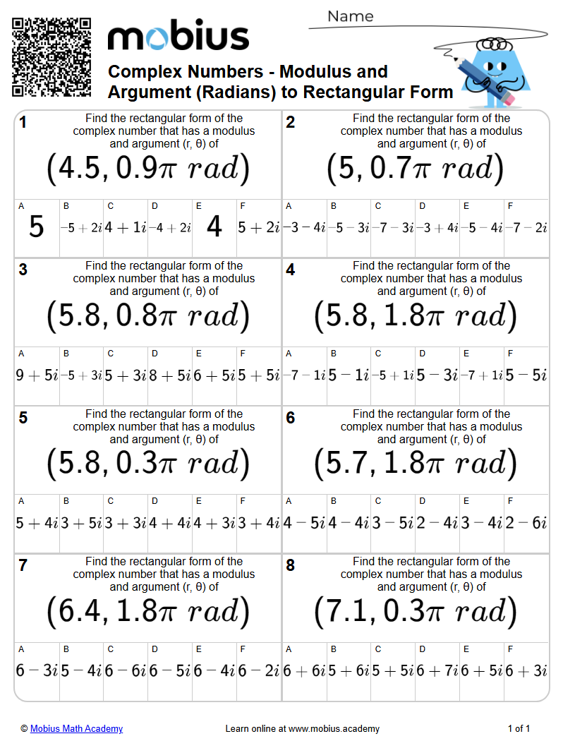 Free Worksheet: Complex Numbers - Modulus And Argument (Radians) To ...