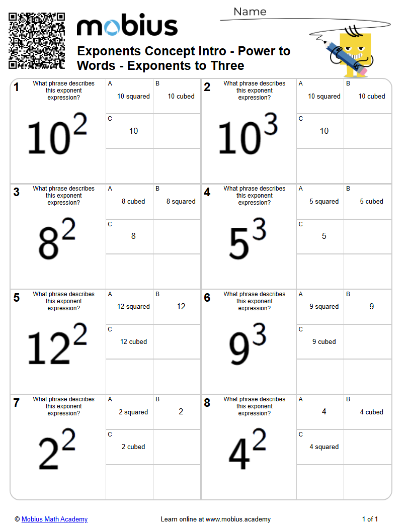 Free Printable Math Worksheet: Exponents Concept Intro - Power To Words ...