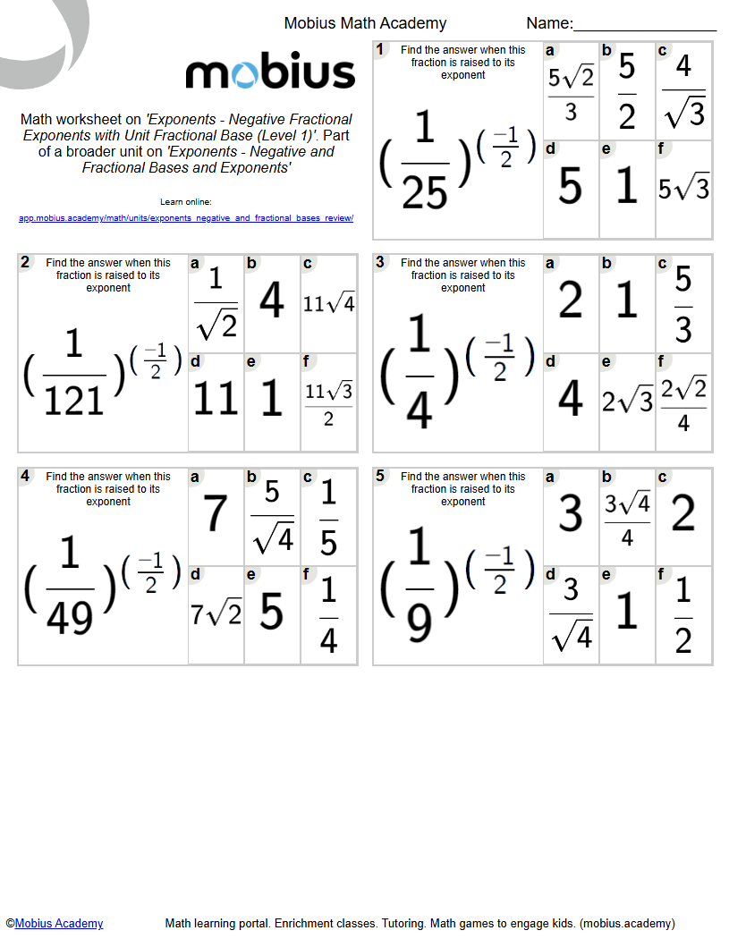 Free Printable Math Worksheet: Exponents - Negative Fractional ... Free Printable Math Worksheet: Exponents - Negative Fractional ...
