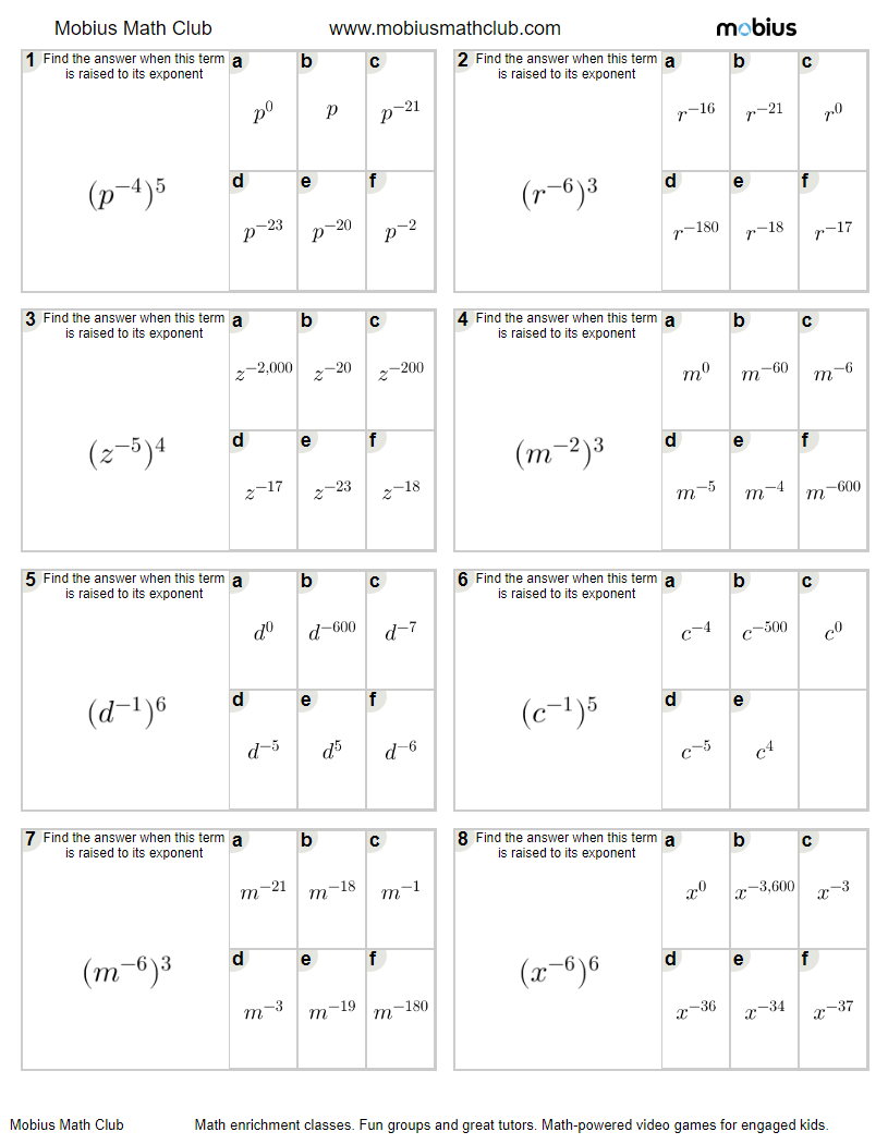 Free Worksheet Exponents Power Law Negatives Level 1 Mobius Math Club