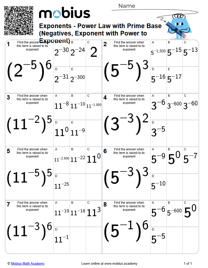Free Worksheet: Exponents - Power Law With Prime Base (Negatives ...