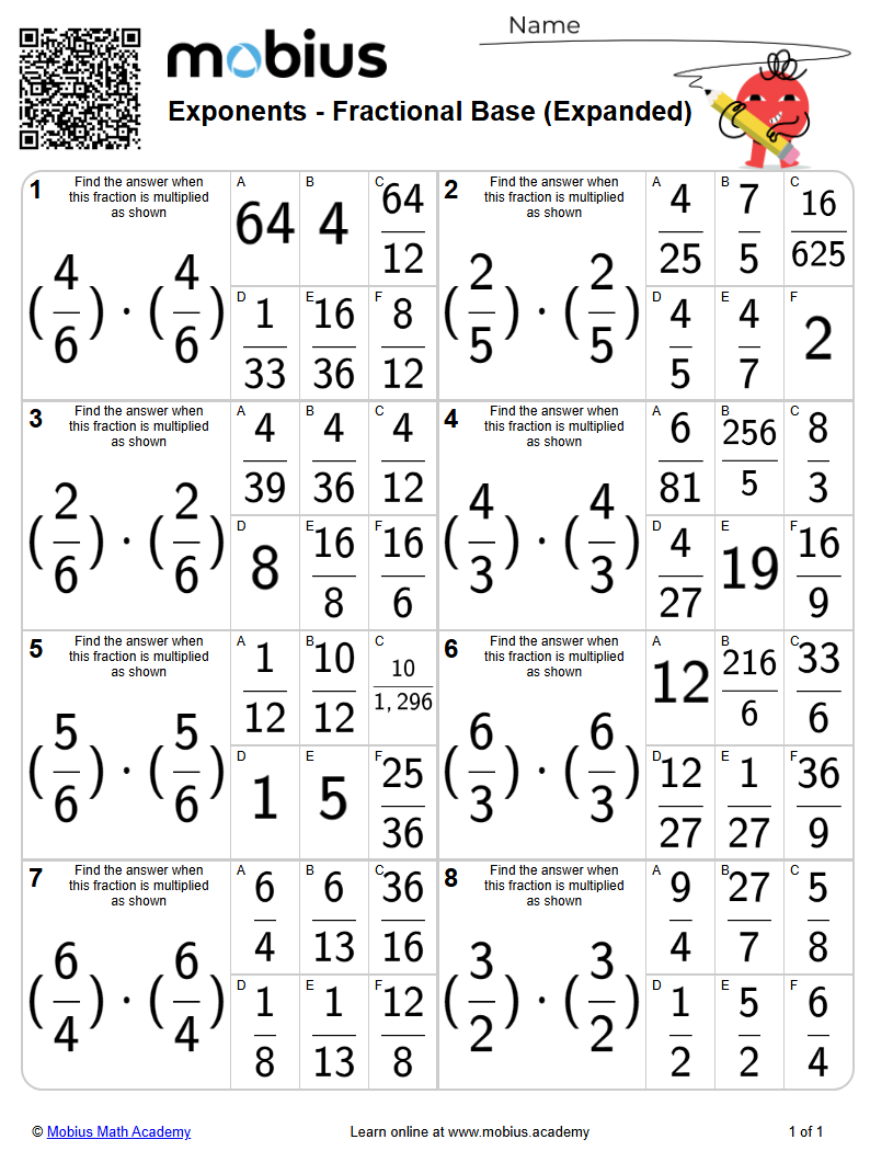 Free Printable Math Worksheet: Exponents - Fractional Base (Expanded ...