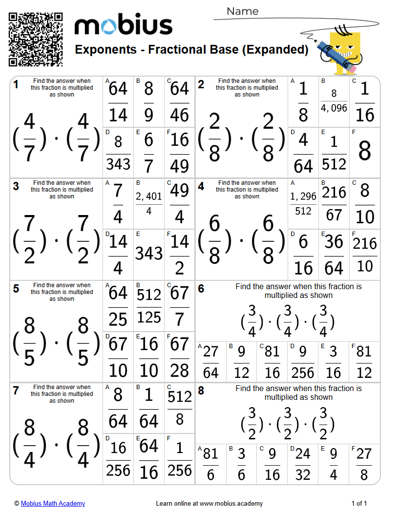 Free Printable Math Worksheet: Exponents - Fractional Base (Expanded ...