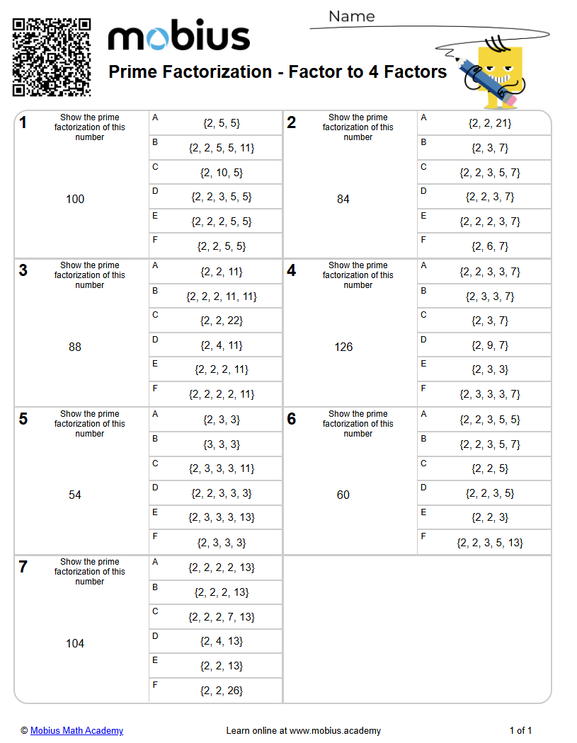 Free Worksheet: Prime Factorization - 4 Factors (level 3) - Mobius Math ...