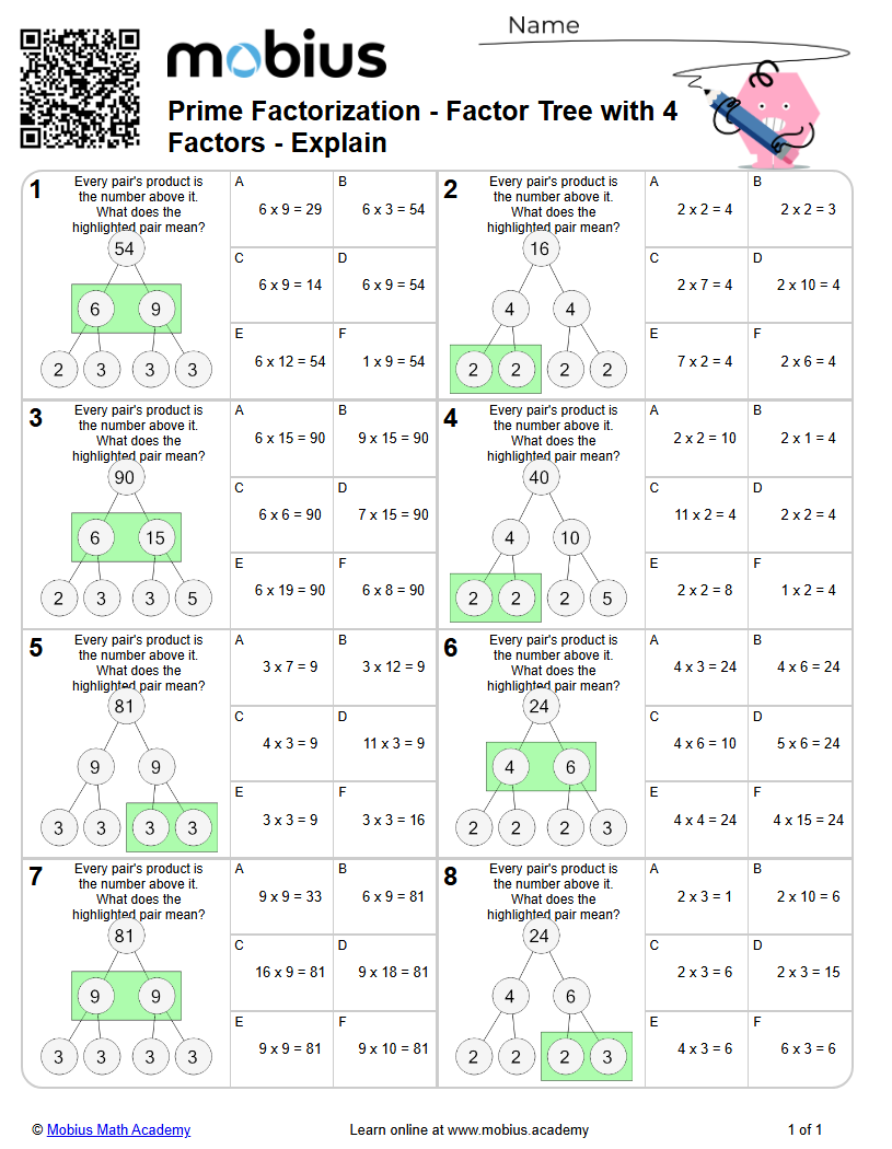 Free Worksheet: Prime Factorization - Factor Tree With 4 Factors ...