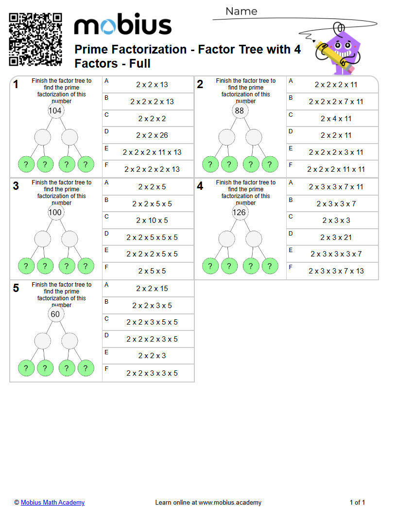 Free Worksheet: Prime Factorization - Factor Tree With 4 Factors - Full ...