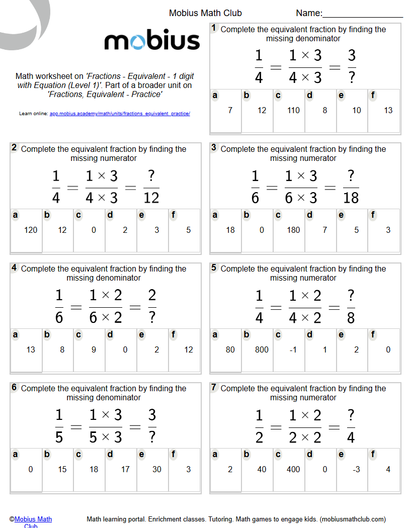 Free Worksheet: Fractions - Equivalent - 1 Digit With Equation (level 1 ...