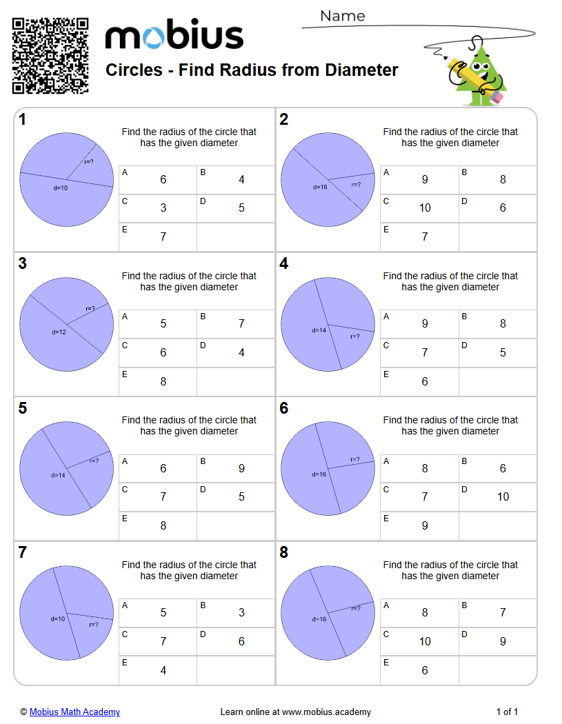 Free Worksheet: Circles - Find Radius From Diameter (level 2) - Mobius ...