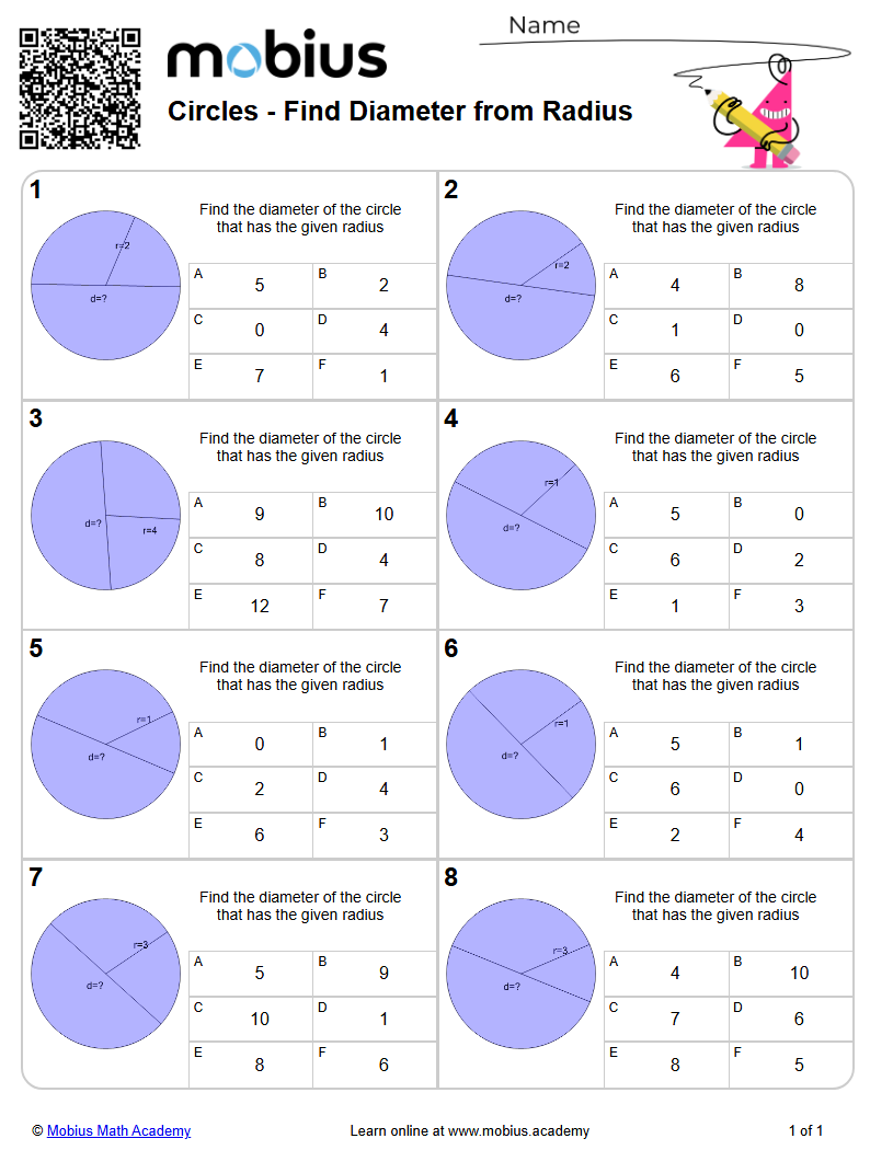 Free Worksheet: Circles - Find Diameter From Radius (level 1) - Mobius ...
