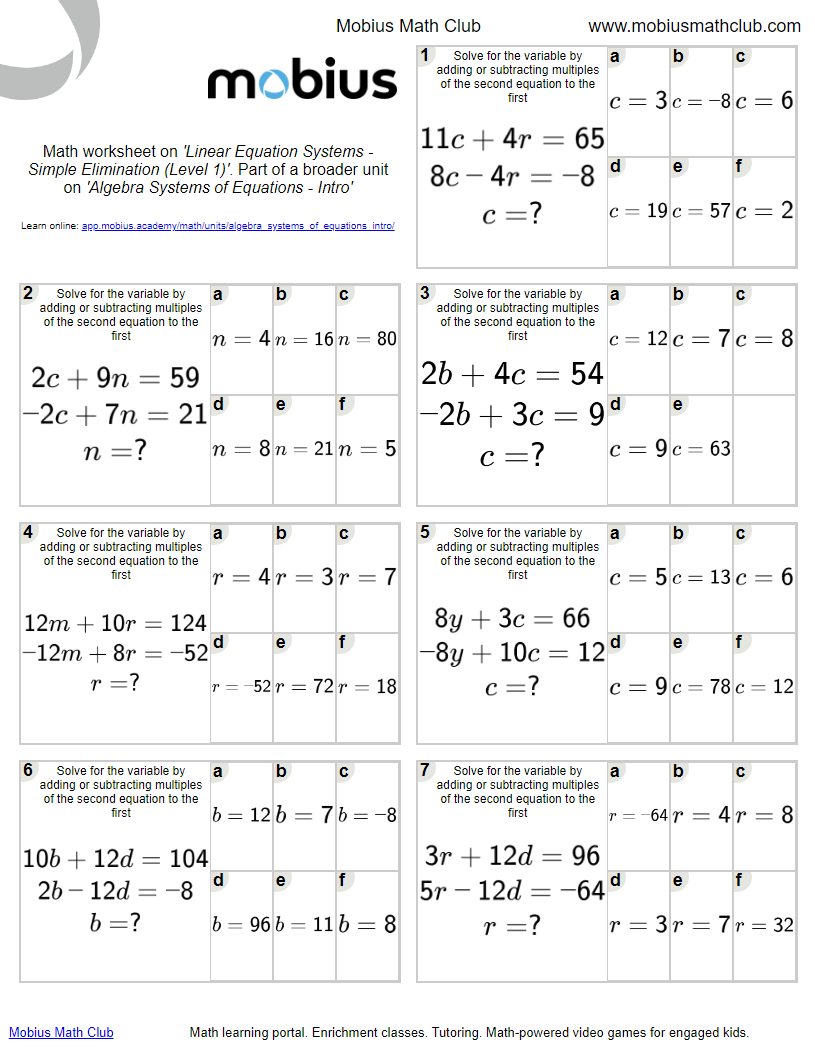 Free Worksheet Linear Equation Systems Simple Elimination Level 1