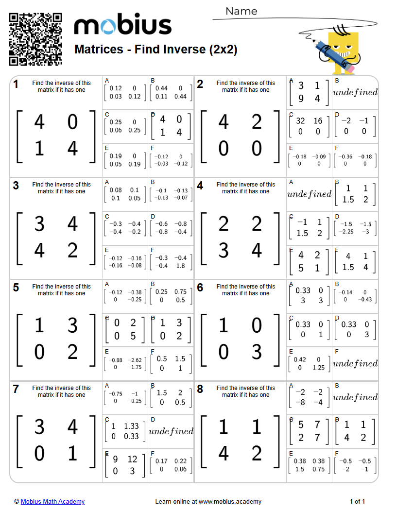 Free Worksheet: Matrices - Find Inverse (2X2) (level 1) - Mobius Math Club
