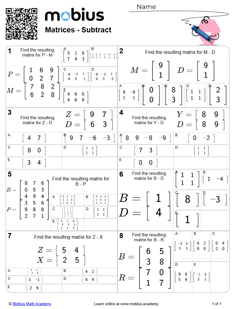 Free Worksheet: Matrices - Subtract (level 1) - Mobius Math Club