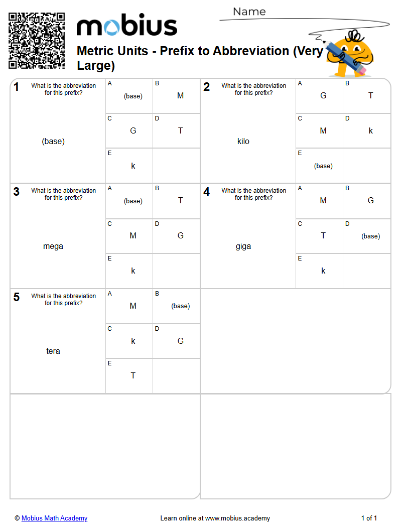Free Worksheet: Metric Units - Prefix To Abbreviation (Very Large ...