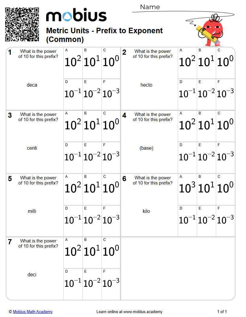 Free Worksheet: Metric Units - Prefix To Exponent (Common) (level 1 ...