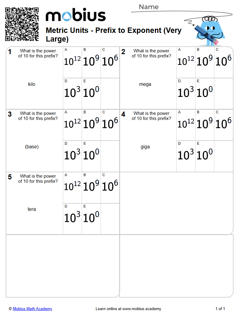Free Worksheet: Metric Units - Prefix To Exponent (Very Large) (level 1 ...