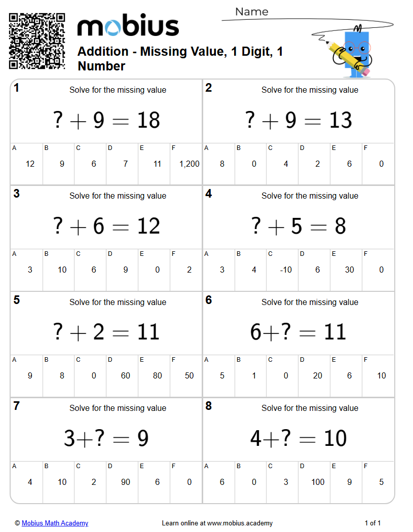 Free Worksheet: Addition - Missing Value, 1 Digit, 1 Number (level 1 ...