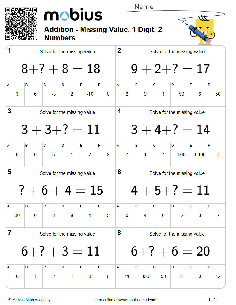 Free Worksheet: Addition - Missing Value, 1 Digit, 2 Numbers (level 1 ...