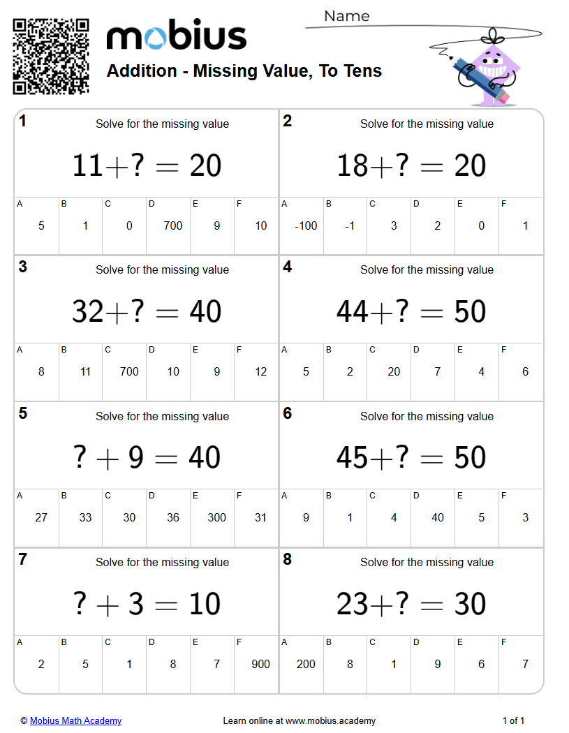 Free Worksheet: Addition - Missing Value, To Tens (level 1) - Mobius ...
