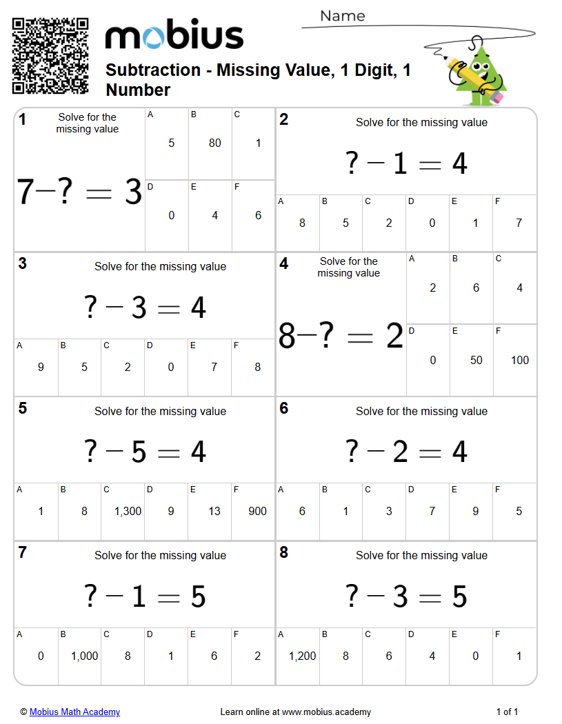 Free Worksheet: Subtraction - Missing Value, 1 Digit, 1 Number (level 1 ...