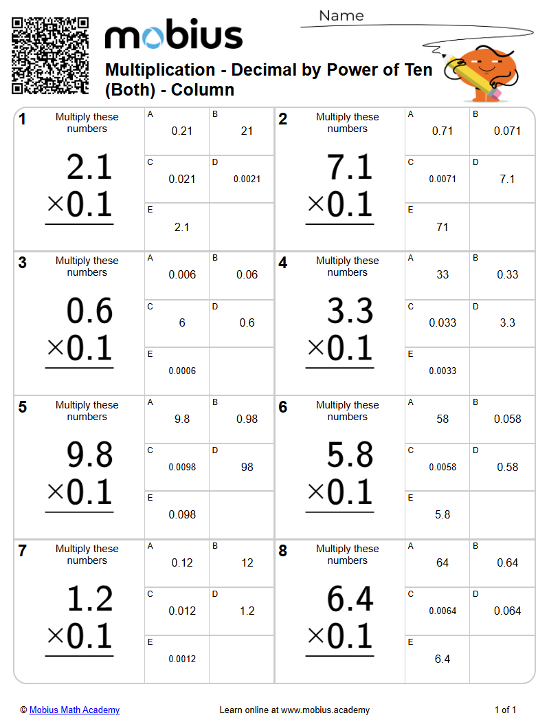 Free Printable Math Worksheet: Multiplication - Decimal By Power Of Ten ...