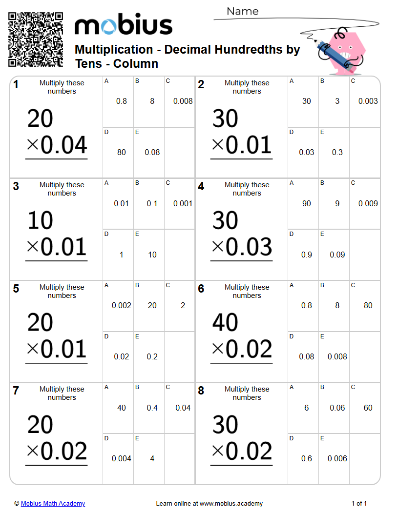 Free Worksheet: Multiplication - Decimal Hundredths By Tens - Column ...